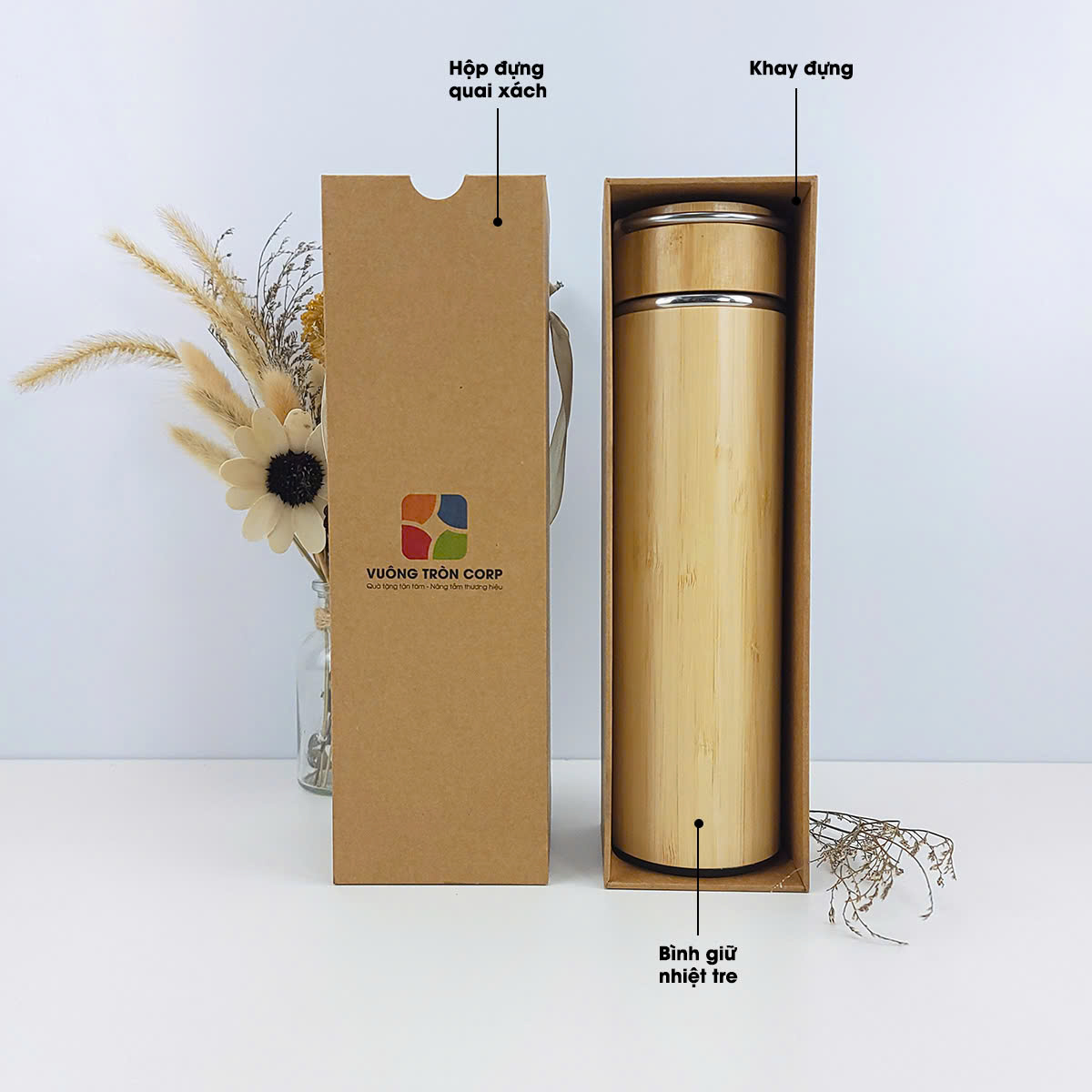 Bộ Bình Giữ Nhiệt Vỏ Tre Kèm Quai Xách In Logo Nổi Bật BGNT-01 - In ...
